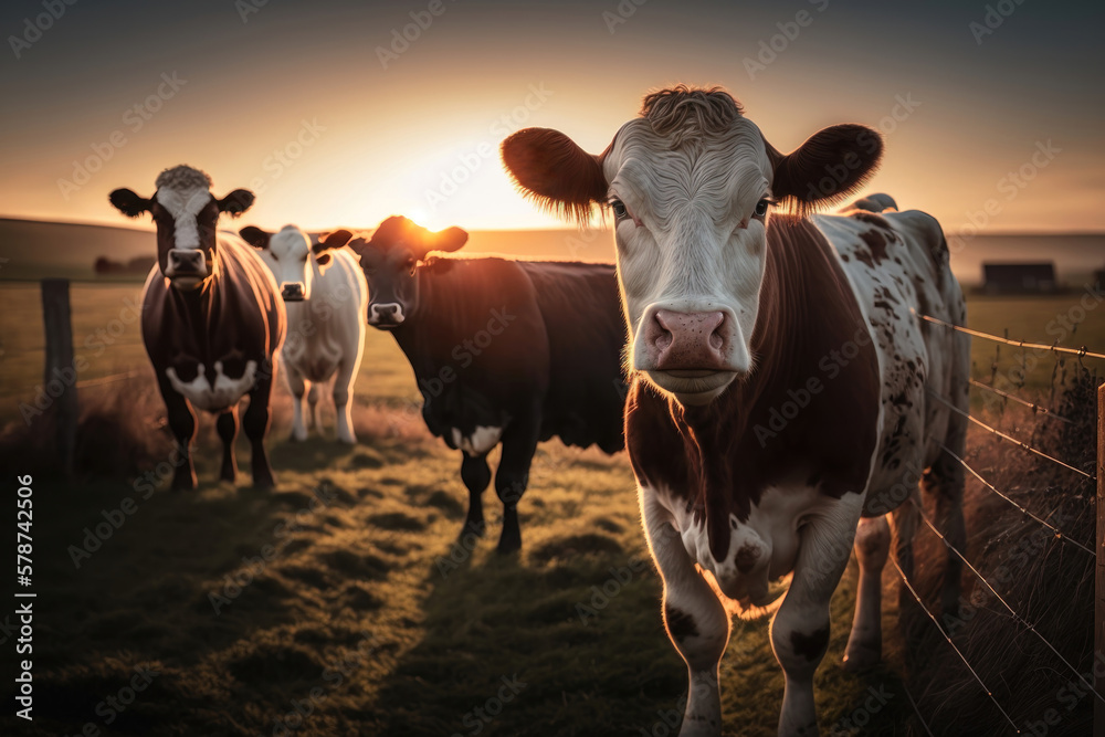 Cows herd on a grass field during the summer at sunset. A cow is ...