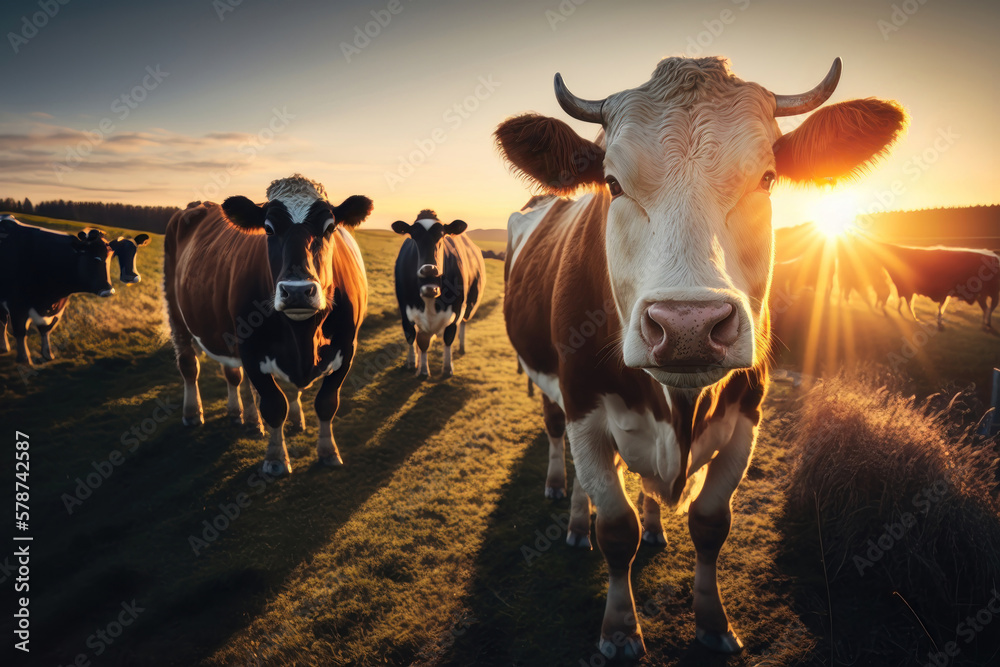 Cows herd on a grass field during the summer at sunset. A cow is ...
