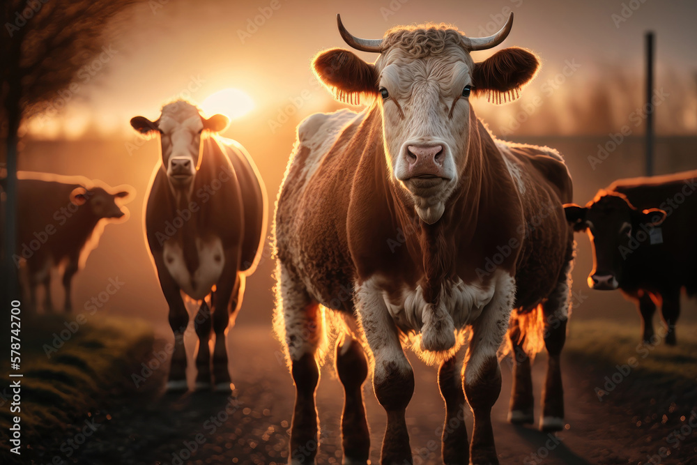 Cows herd on a grass field during the summer at sunset. A cow is ...