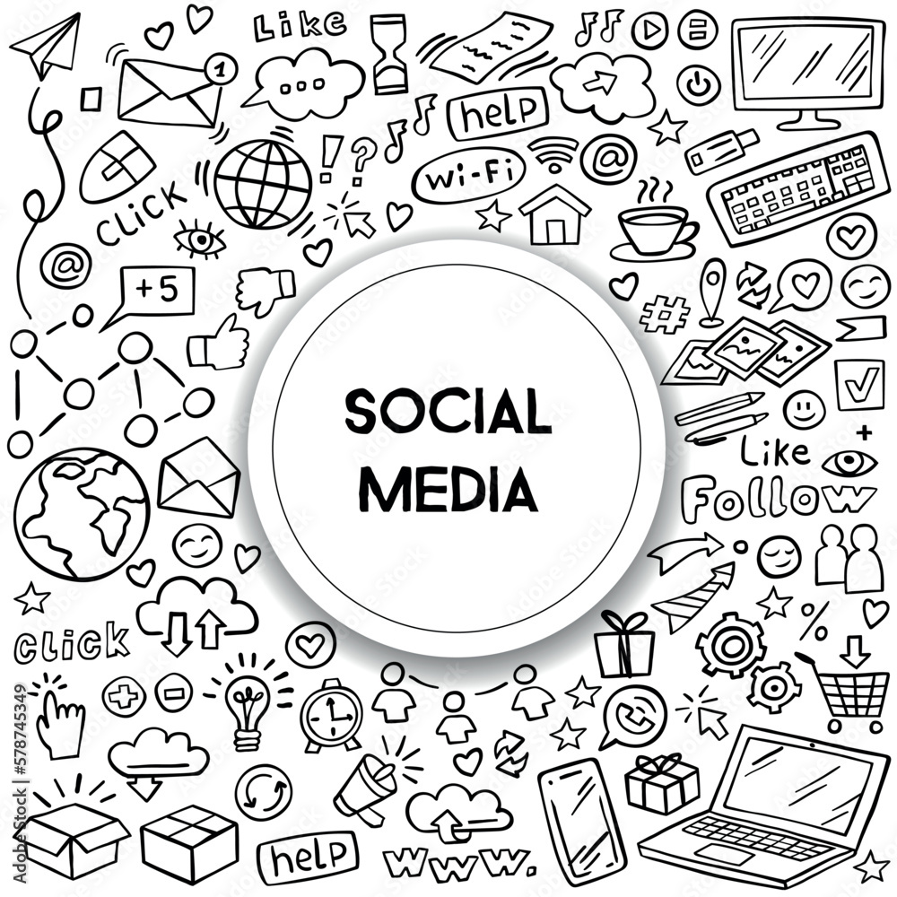 Banner of social media doodle on white background. Internet doodles ...