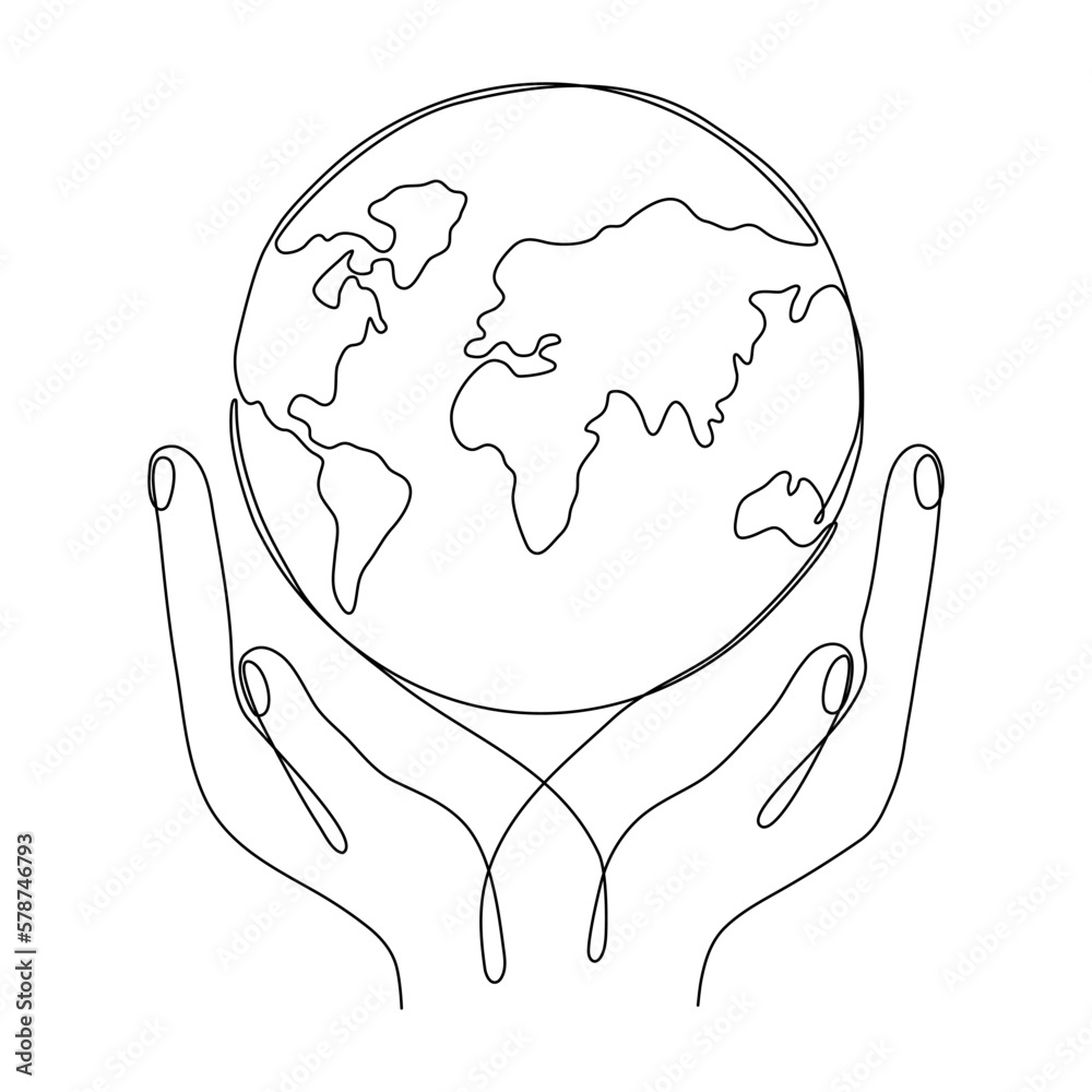 Human hands holding Earth globe continuous line art drawing. Save ...