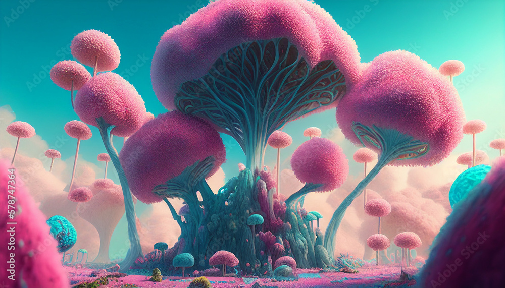 Pink and blue alien forest created with Generative AI Technology. Stock ...