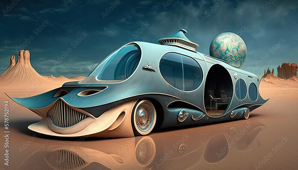 Symbolism of a Futuristic Car with Planet and Car Reflection in the ...