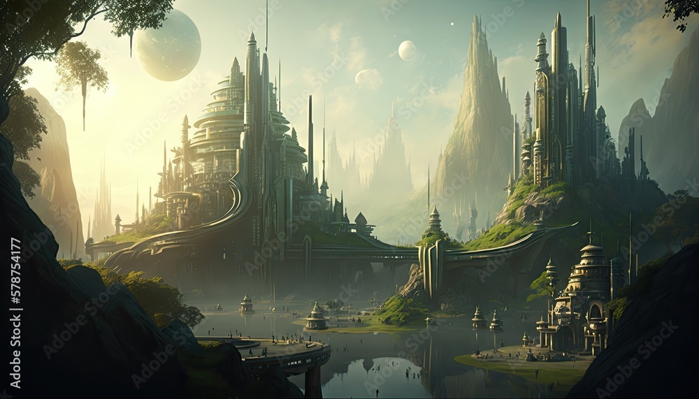 Massive fantasy city landscape concept, an ancient long lost sci fi ... Massive fantasy city landscape concept, an ancient long lost sci fi ...