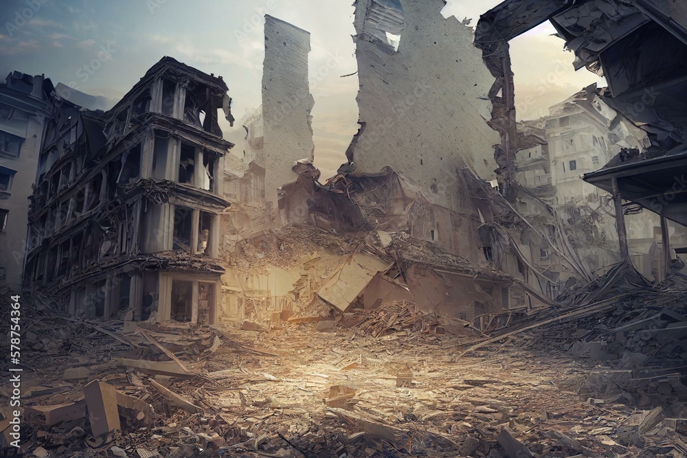 Earthquake concept. Ruins of buildings damaged after the earthquake ...