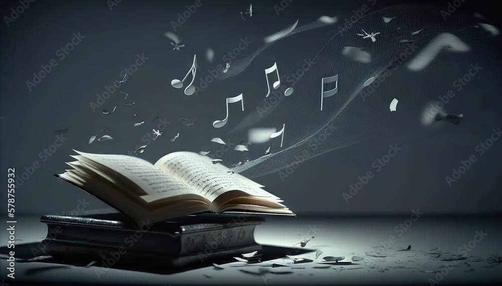 an open book with music notes coming out of it on a book stand on a ...