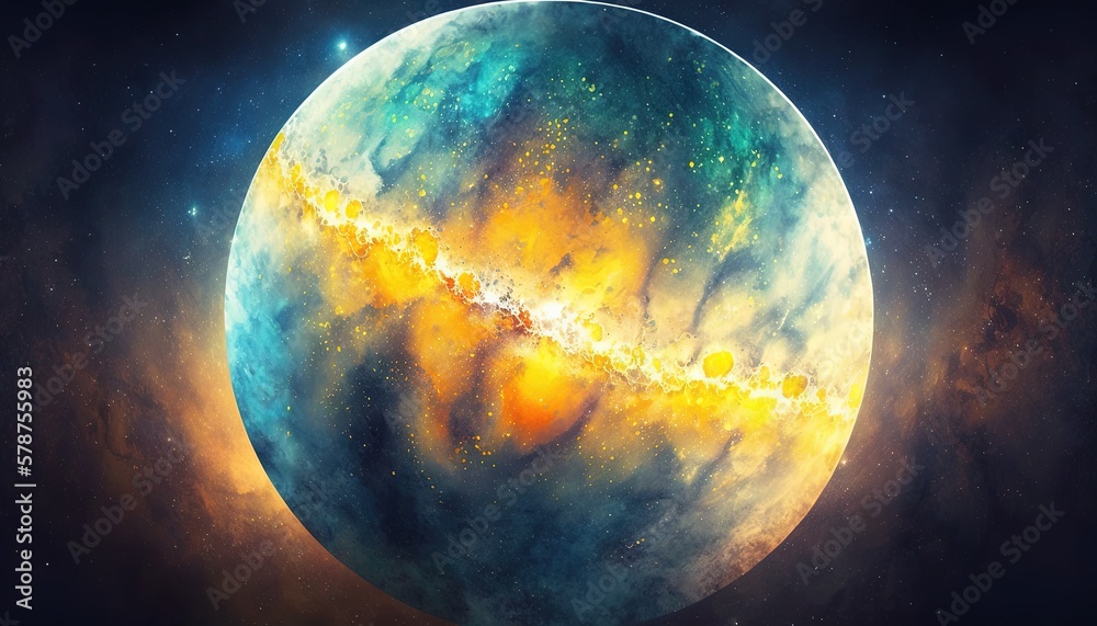 a painting of a star in the center of a large, blue and yellow planet ...