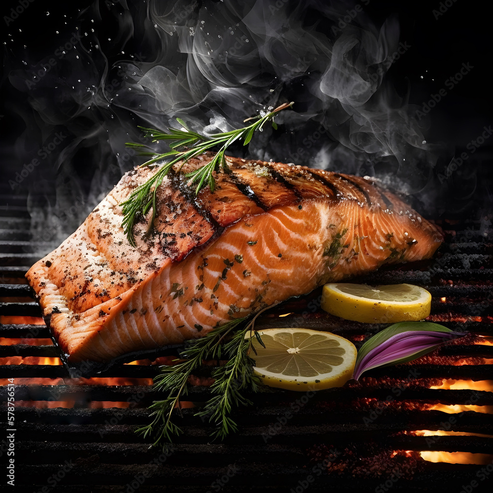 Grilled salmon on the grill, lemon, rosemary. Smoke, fire, dark ...