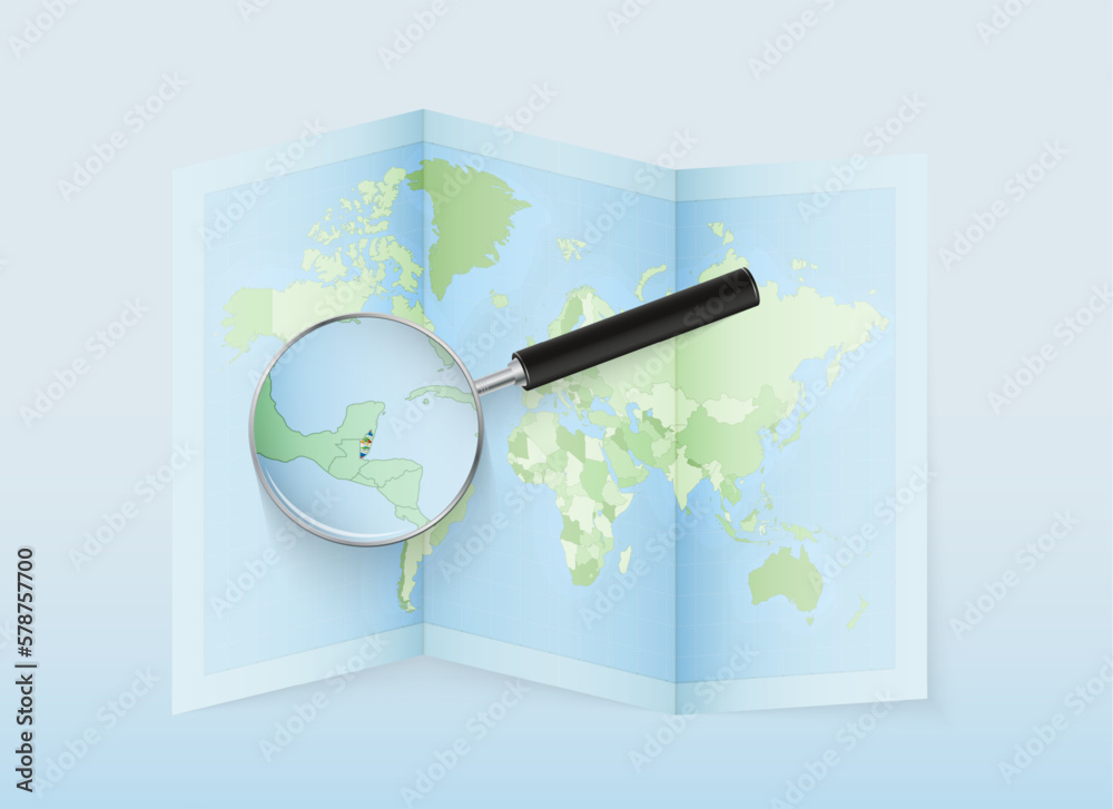 A folded world map with a magnifying lens pointing towards Belize. Map ...