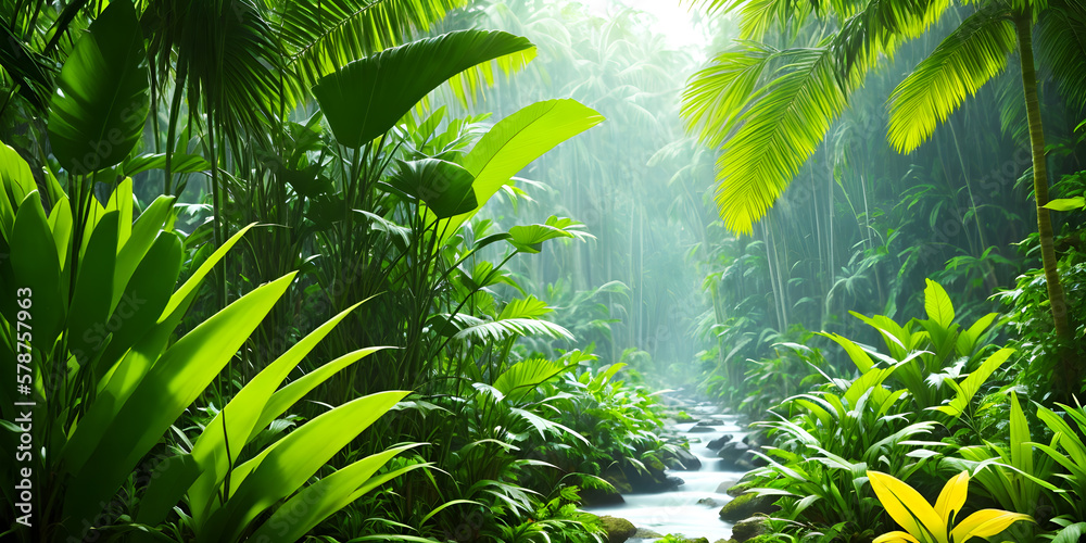Beautiful wallpaper with a tropical landscape. Jungle with river, palms ...