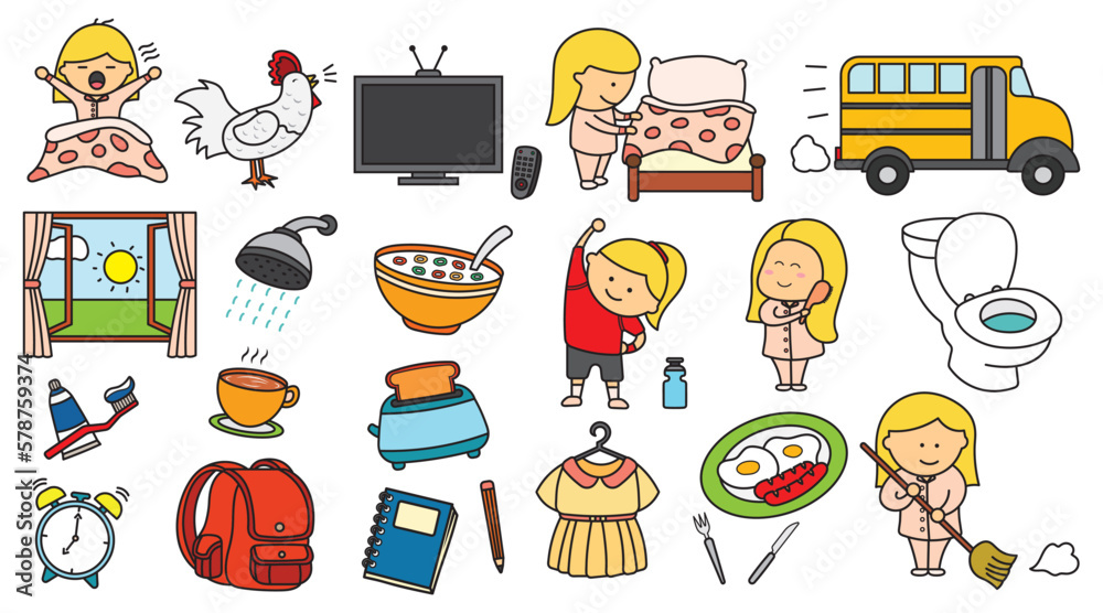 kids drawing set of The daily routine of cute girl going to school on a ...