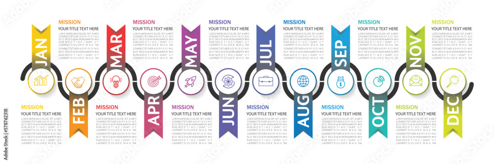 Infographic template for business. 12 Months modern Timeline diagram ...