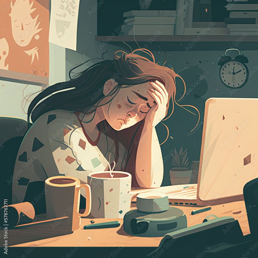 Illustation of an exhaused woman working on her laptop holding her head ...