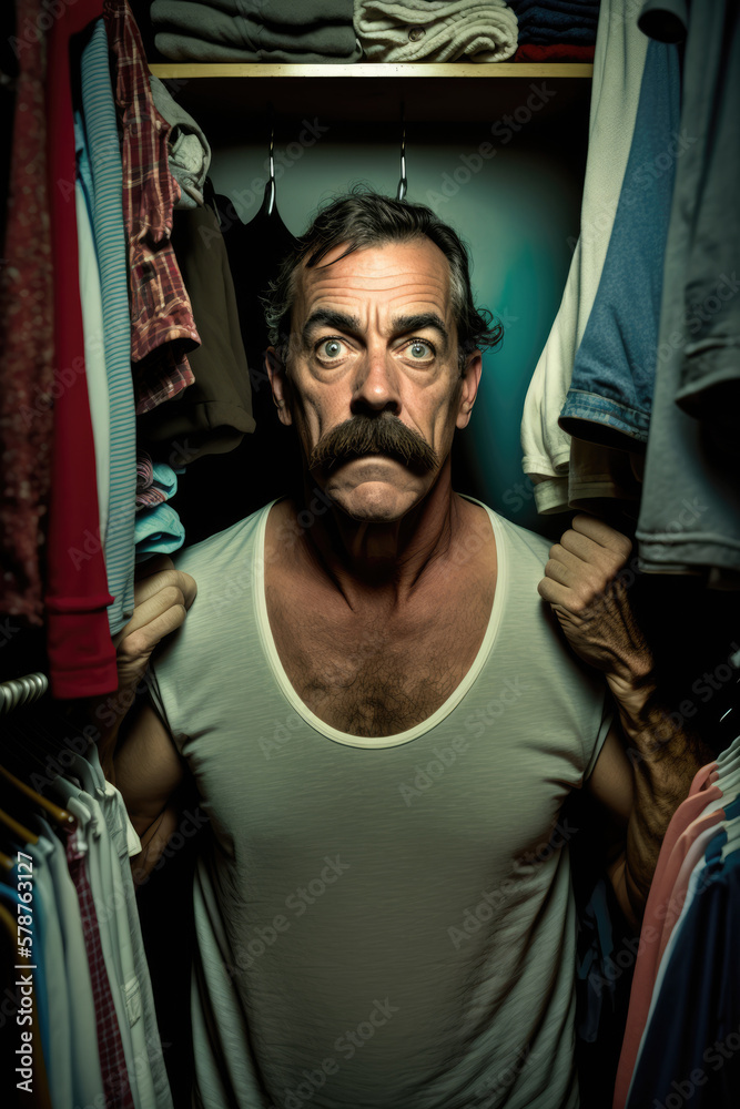 Funny adultery image of a middle-aged retro gigolo man with mustache in ...