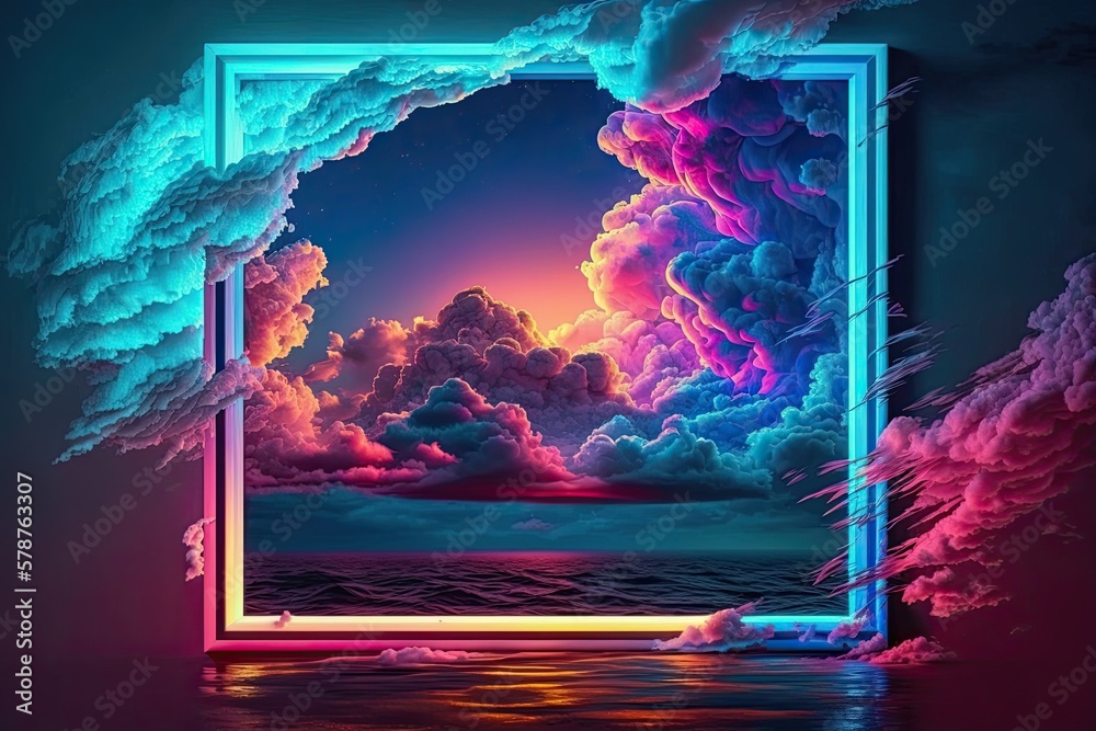 Abstract neon sky with clouds, a luminous square border, and a body of ...