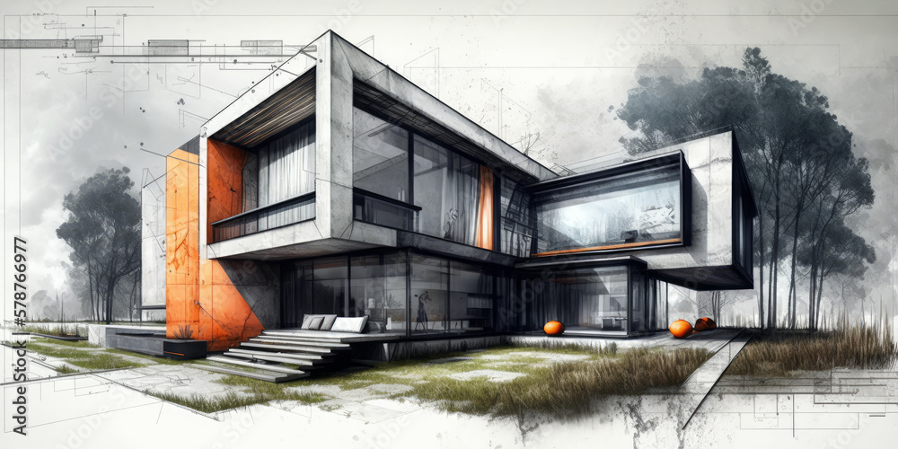 Sketch of luxury modern villa, International architecture Stock ...