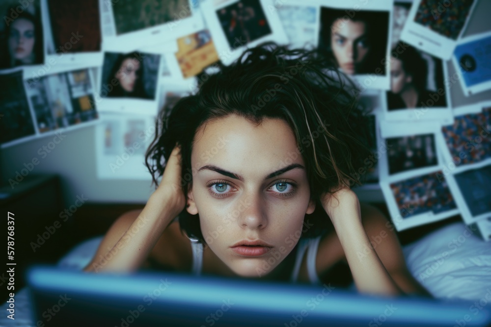 Young pretty sad woman in the scary and depressing world of social ...