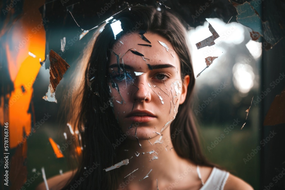 Young pretty sad woman in the scary and depressing world of social ...