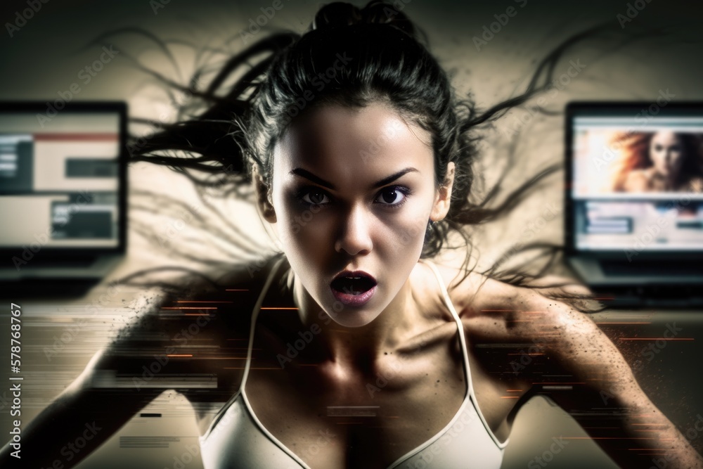 Young pretty sad woman in the scary and depressing world of social ...