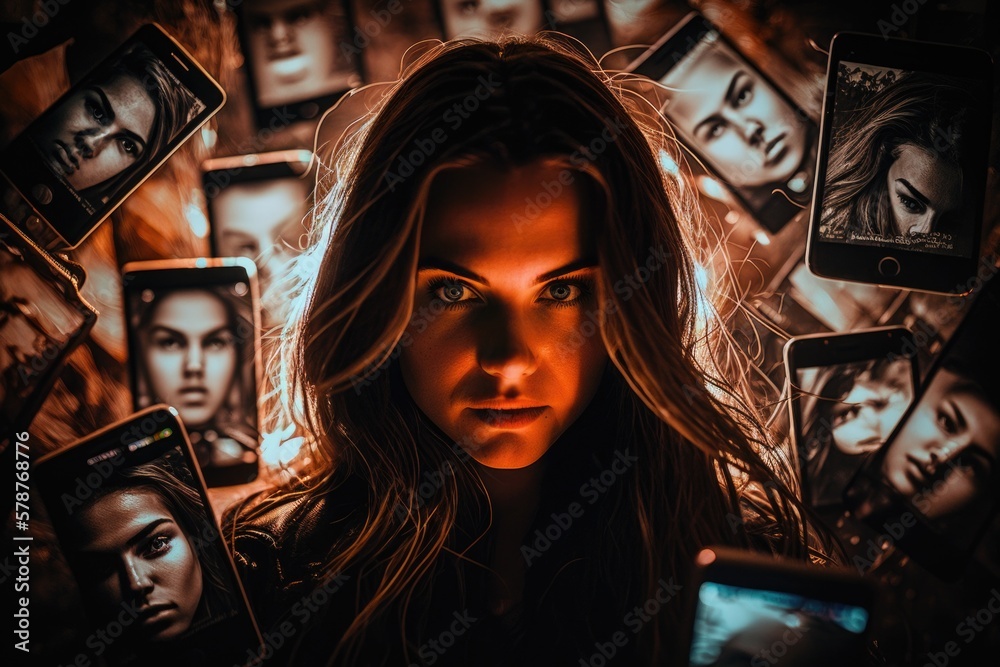 Young pretty sad woman in the scary and depressing world of social ...