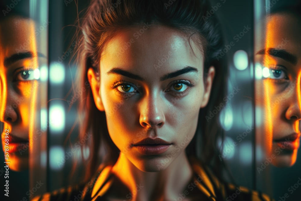 Young pretty sad woman in the scary and depressing world of social ...