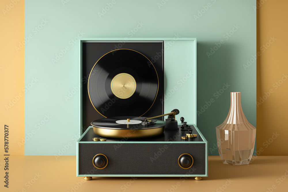 3d black and gold record player with a pastel backdrop made by ...
