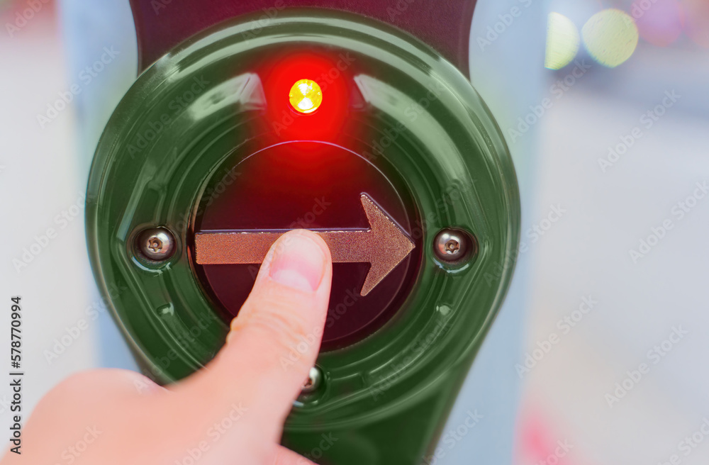 Pressing Pedestrian Crossing Button in Close-up View Stock Photo ...