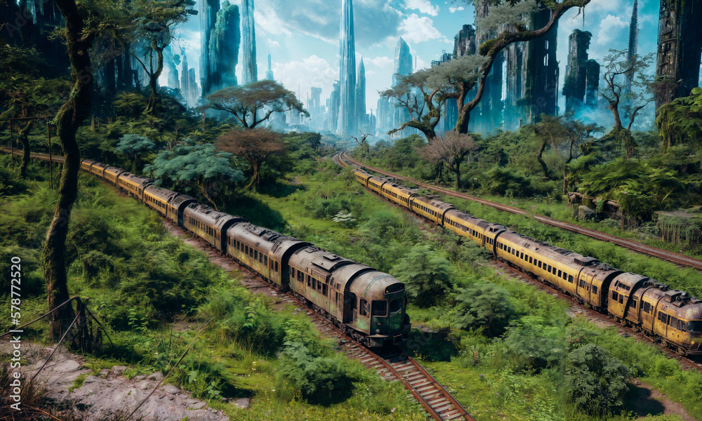 Rusty wreck of a train on a railway in a destroyed city. With plants ...