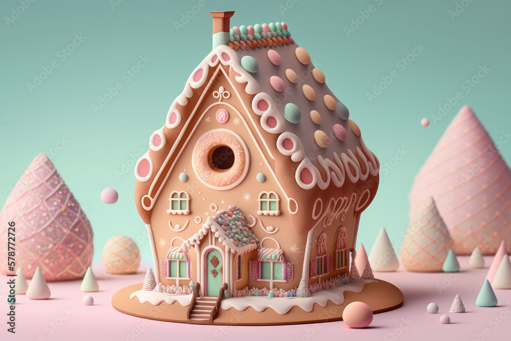 3d model of gingerbread house illustration with a pastel backdrop made ...