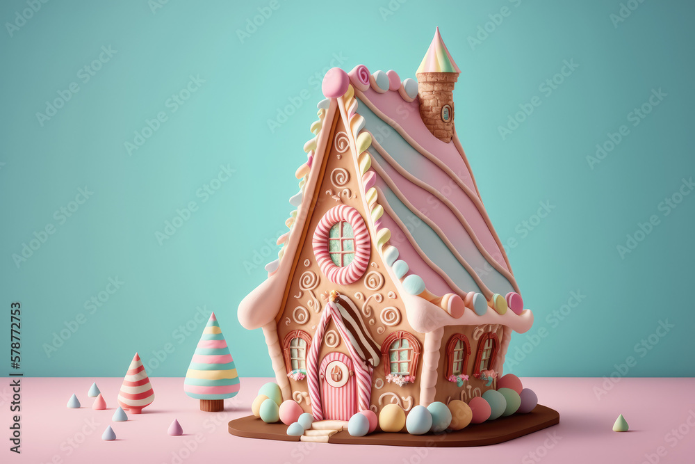 3d model of gingerbread house illustration with a pastel backdrop made ...