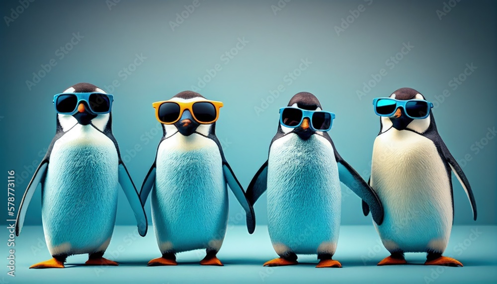 four cool penguins face with sunglasses, empty copy space for text ...