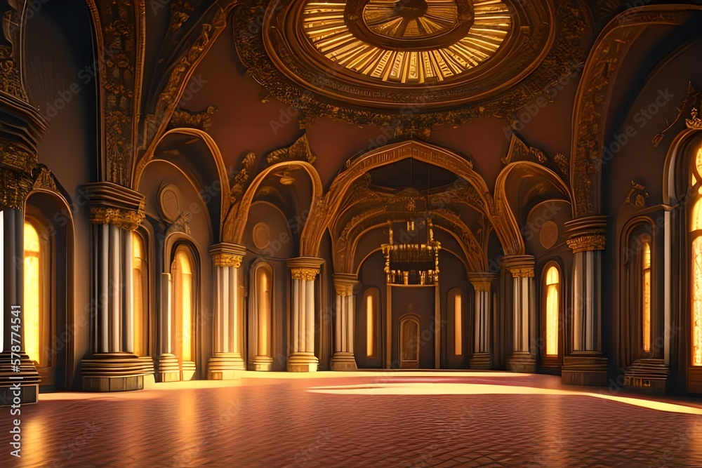 A Realistic Fantasy Interior Of The Royal Palace. Golden Red Palace ...