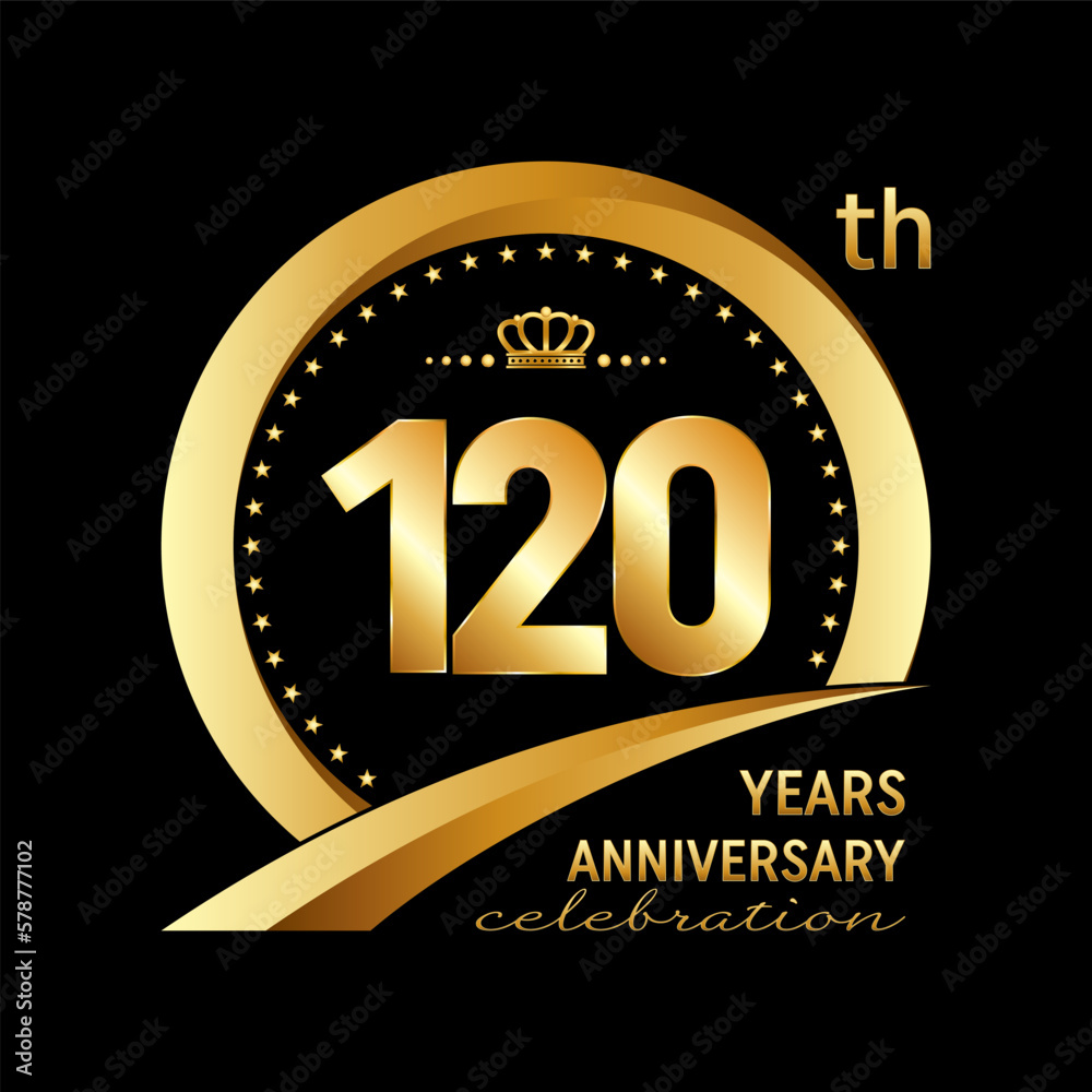 120th Anniversary Celebration Logo design with golden ring and crown for anniversary celebration ...