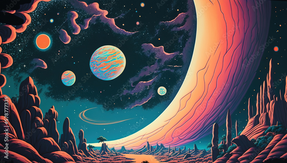 ภาพประกอบสต็อก Generative AI, Psychedelic Space banner template ...