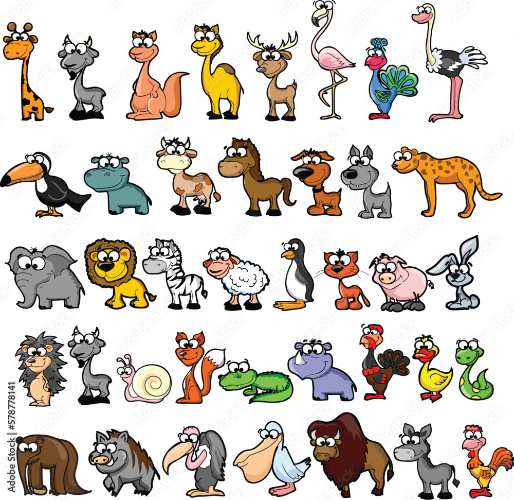 Big collection of cute cartoon animals,birds and sea creatures of the ...