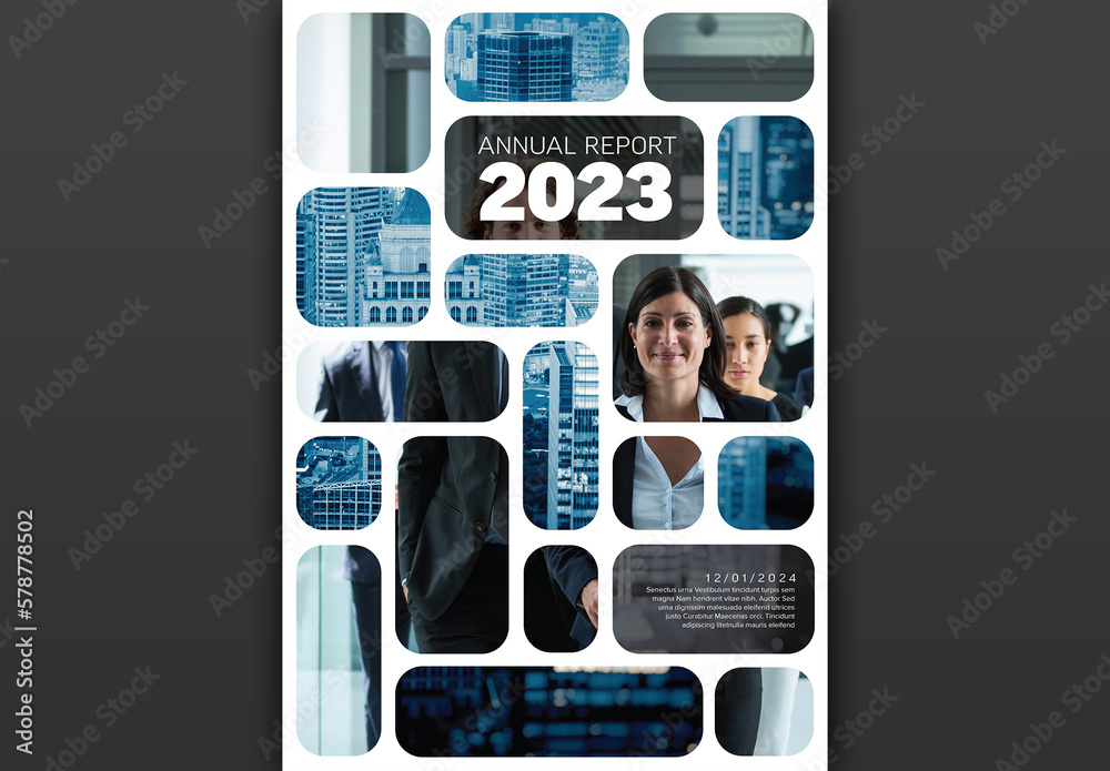 White annual report front cover page template with two photo mozaic ...