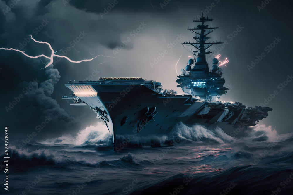 Military navy ship carrier in water. Warships set out on secret mission ...