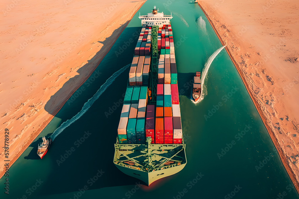 Container Cargo ship passes through transport channel, accompanied by ...
