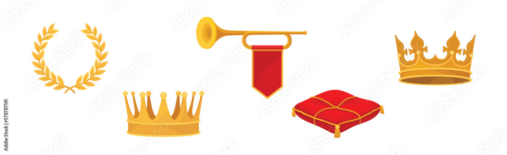 Monarchy and Royalty Symbol with Golden Crown, Laurel Wreath, Trumpet ...