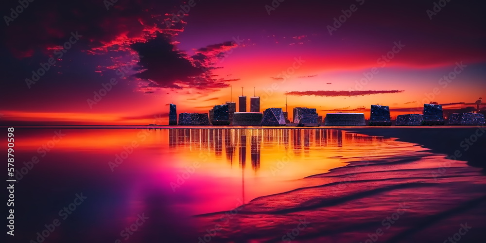 city panorama at pink orange evening sunset at sea big fool moon ...
