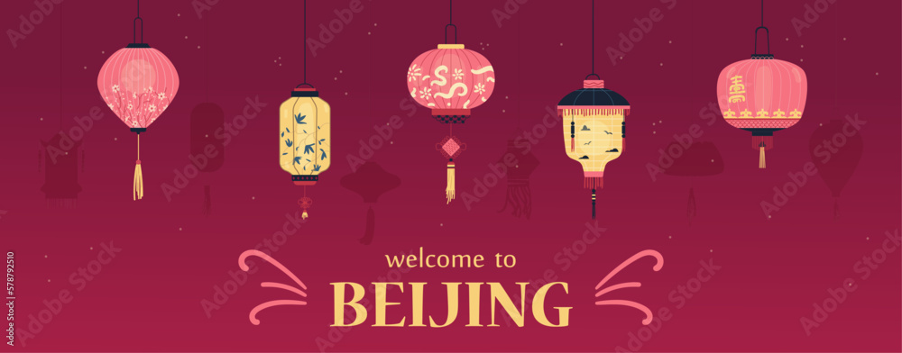Welcome to Beijing vector banner with traditional chinese lanterns ...