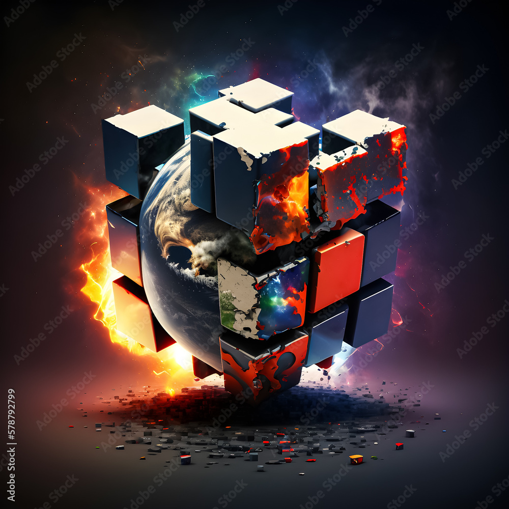 Rubik's cube in the form of the planet Earth in space, black background ...