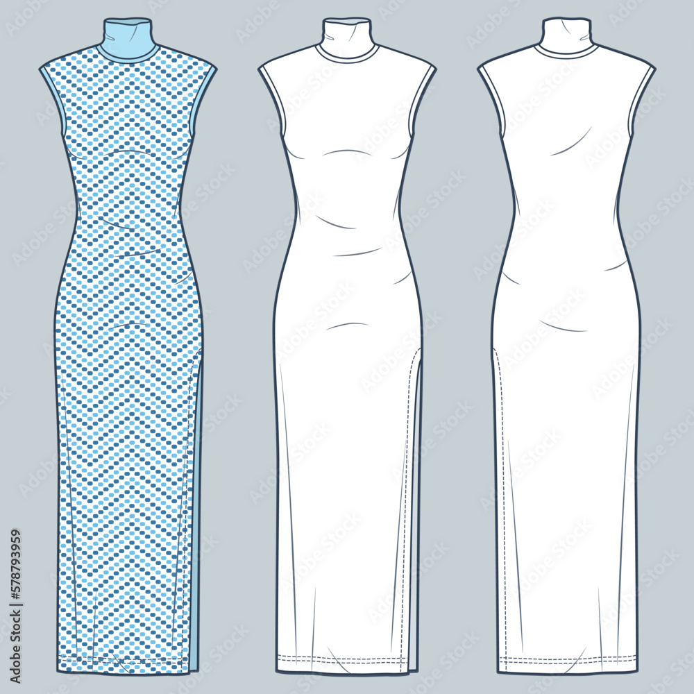 Maxi Dress technical fashion illustration. Jersey sleeveless Dress ...
