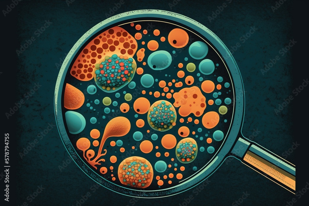 Illustration of a magnifying glass looking at bacteria and parasites ...
