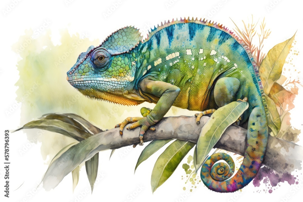 Watercolor painting of a chameleon lizard; an example of tropical fauna ...