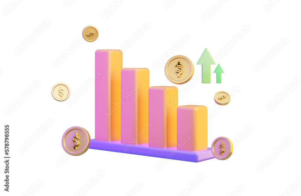 line chart with gold dollar coin on transparent background 3d render ...
