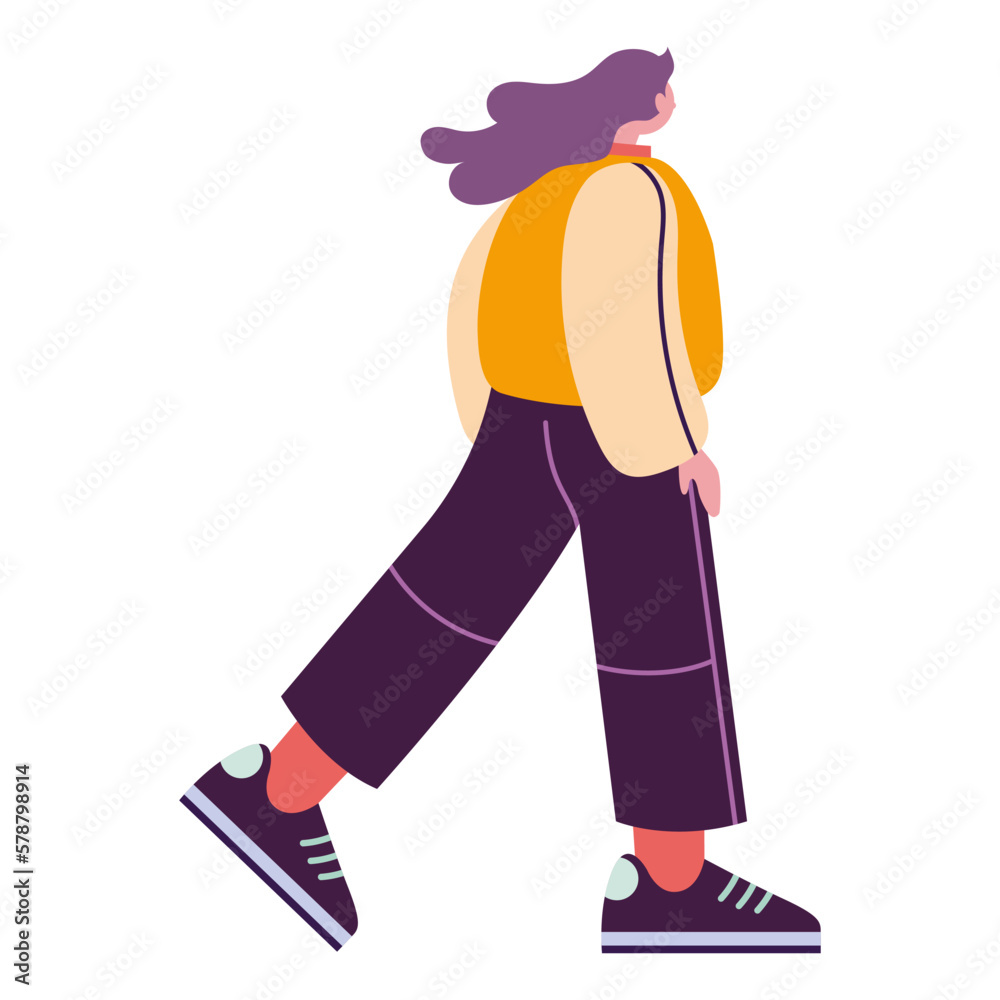 The girl takes a step forward, back view, cartoon style. Trendy modern ...