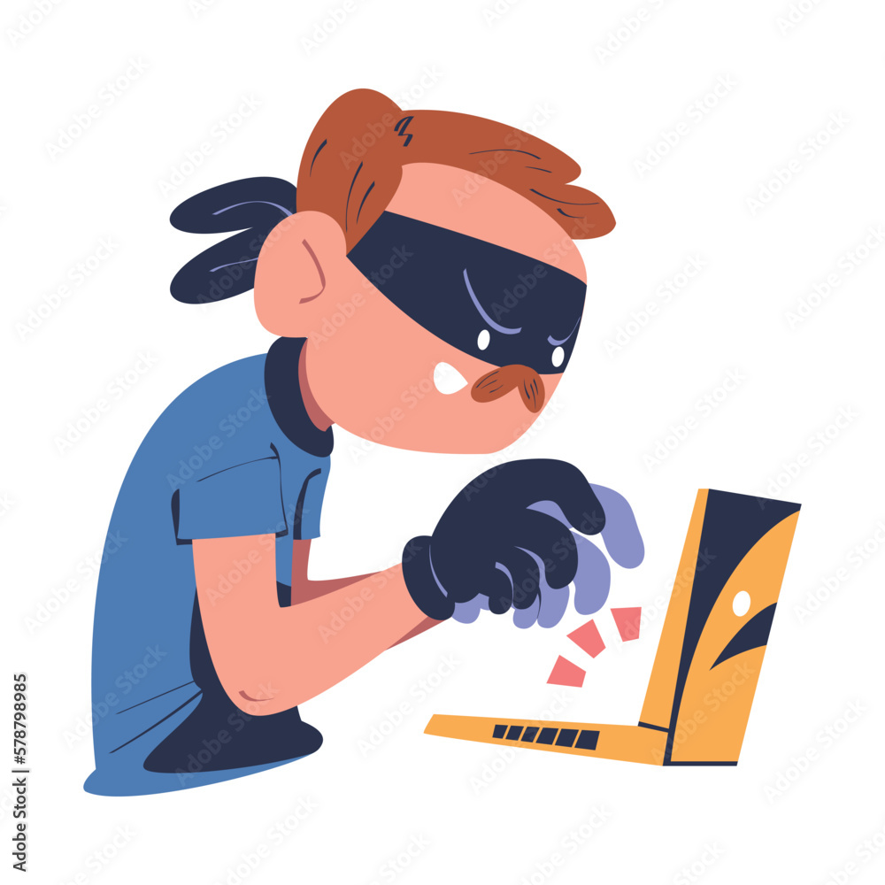 Vetor de Masked cyber thief, hacker stealing data from laptop computer ... Vetor de Masked cyber thief, hacker stealing data from laptop computer ...