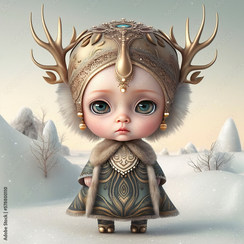 Adorable 3D chibi girl with big eyes and reindeer antlers in a winter ...