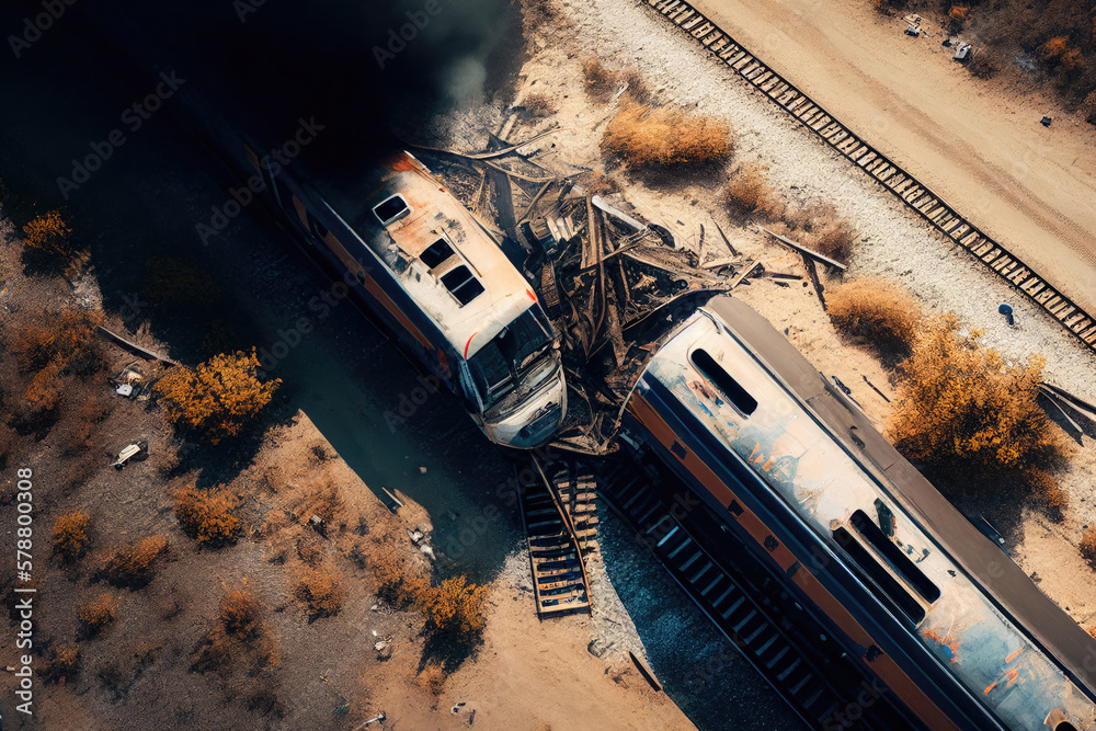 Passenger train crash accident, aerial view. Broken wagons and damaged ...